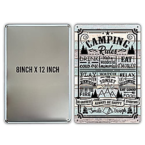 QIONGQI Funny Camping Rules Metal Tin Sign Wall Decor Farmhouse Rustic Camping Signs with Sayings for Home Camper Room Decor Gifts (Wooden Style)