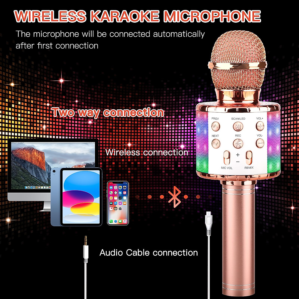 ShinePick Karaoke Microphone, 4 in 1 Wireless Microphone with LED Lights Handheld Portable Karaoke Machine, Home KTV Player, Compatible with Android & iOS Devices(Pink)