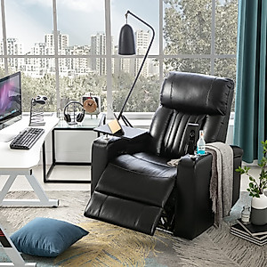 QKFF Leather Power Recliner Chair, Electric PU Recliner with Hidden Arm Storage, USB Charging Port, 2 Cup Holders, Tray Table, Phone Stand for Home Theater (Dark Black)