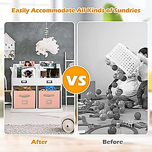 2 in 1 Bookshelf, Wood Display Bookcase and Storage Organizer, 2 Storage Boxes, Free Standing Book Rack for Home Office Bedroom Living Room Reading Nook, Pink