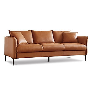 Valencia Jasper 85" Cognac Tan Brown 3 Seater Full Leather Couch | Mid Century Leather Sofa with 2 Pillows for Living Room Furniture | Plush Cushions, Nappa Leather Lounge Couch