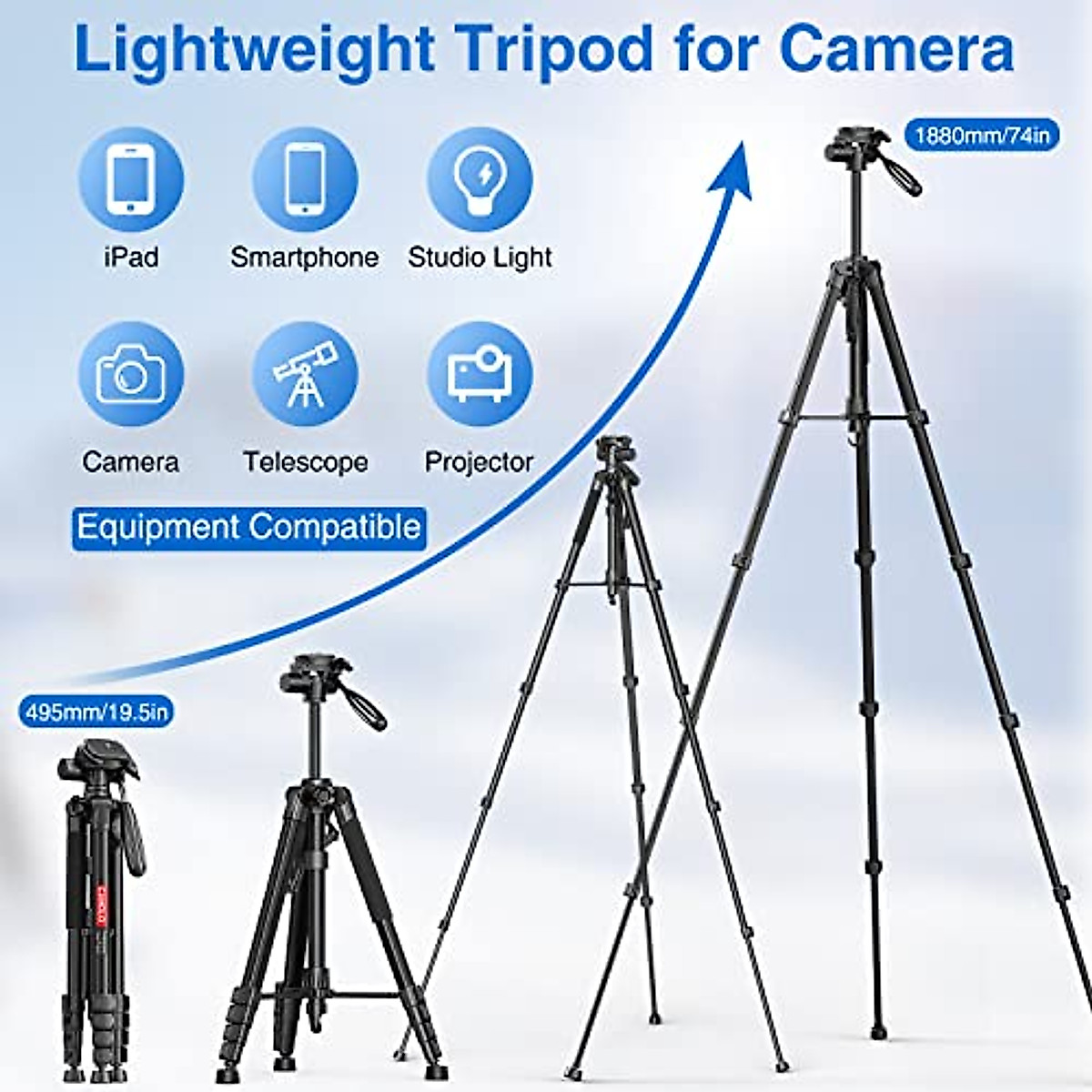 Camera Tripod 74" Tripod for Camera Cell Phone Video Photography, Heavy Duty Tripod, Professional Travel DSLR Tripods Compatible with Cameras, Phones, Projector, Ring Light, Spotting Scopes