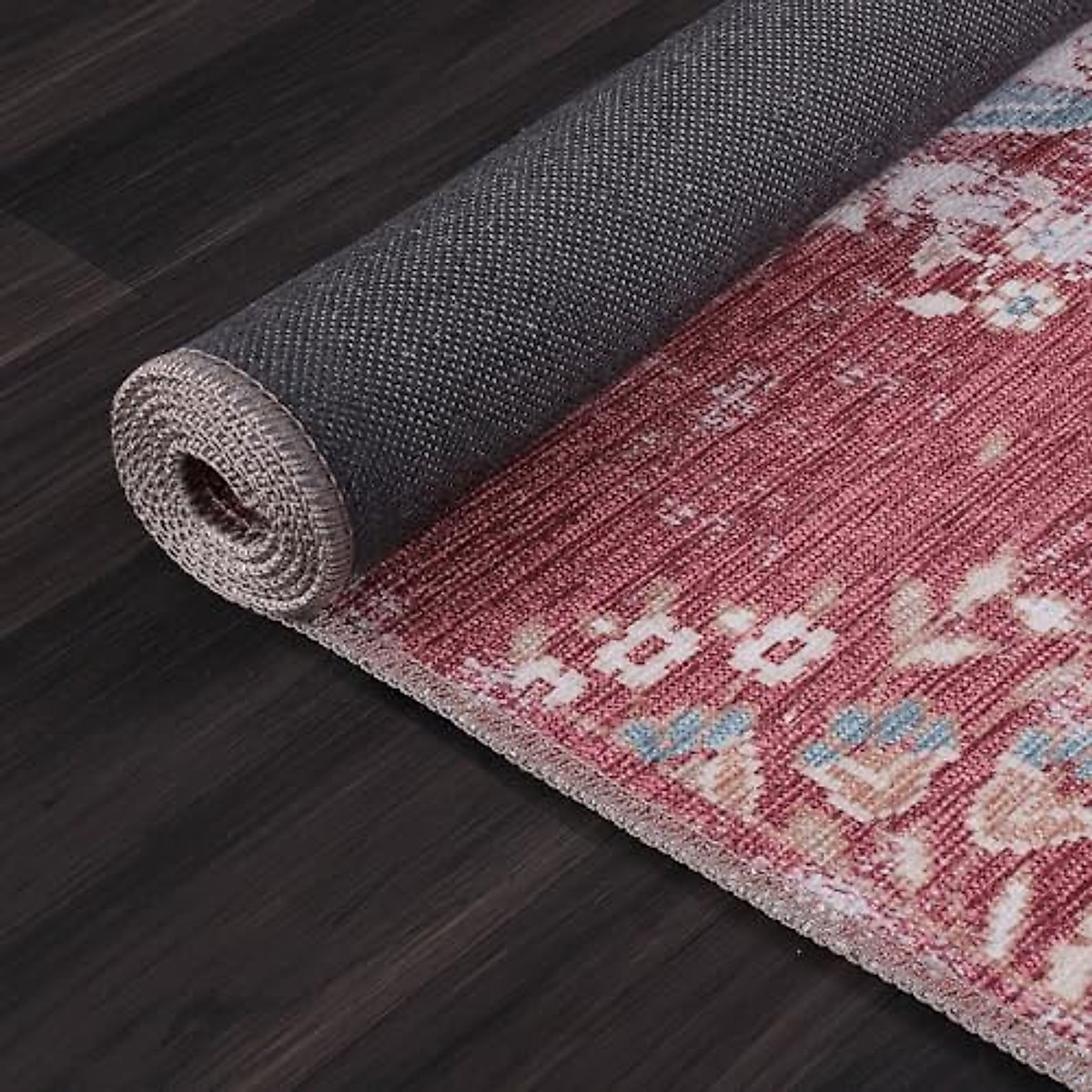CAMILSON Printed Area Rugs with Ultra Thin Super Strong for Living Room Bedroom, Distressed Vintage Rug 5x7, Stain and Water Resistant, Bohemian Indoor Carpet (5 x 7, Rust Red)