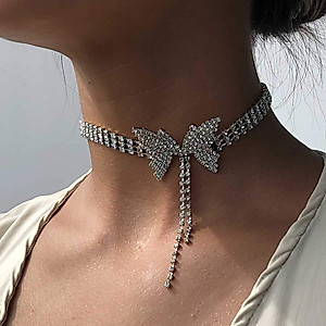 ELABEST Rhinestone Bowknot Butterfly Star Necklace Sparkly Tassel Choker Crystal Tennis Chain Nightclub Party Jewelry for Women (Butterfly tassel)