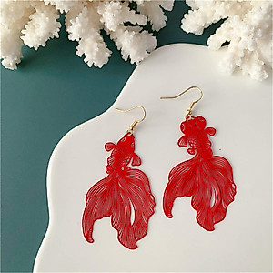 DAMLENG Unique Chic Lightweight Hollow Fish Dangle Drop Hook Earrings Charm Pink Red Asymmetry Goldfish Dangle Earrings For Women Statement Jewelry Gifts (Red)