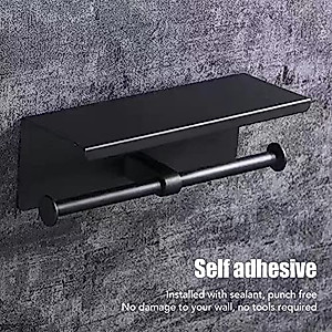 Stainless Steel Toilet Paper Holder with Shelf Self Adhesive Punch Toilet Paper Shelf Roll Holder for Bathroom (K10 Black)
