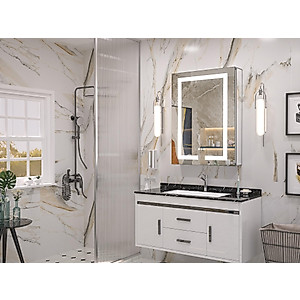 Keonjinn 24 x 32 LED Medicine Cabinet for Bathroom with Light Adjustable Shelves Electrical Outlet Dimmable Defogging 3 Color Light Tempered Glass LED Vanity Mirror with Storage Recessed/Surface Mount