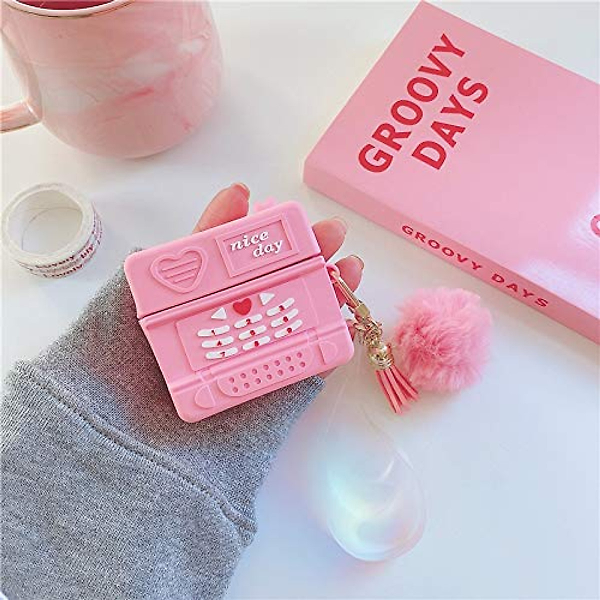 Cute Silicone Girly Pink Pro Clasic Retro Telephone Shaped Headphone Case Compatible with Airpods Pro and Airpod3 Headphones Funny Cover with Ball Pom Pom Keychian for Girls Women Best Gift