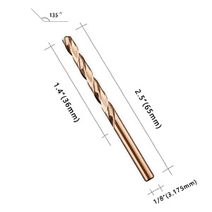 1/8" M35 Cobalt HSS Jobber Length Twist Drill Bit with Straight Shank,Heavy Duty, Pack of 10 PCS, Drilling for Cast Iron, Heat-Treated Steel, Stainless Steel and Other Hard Materials