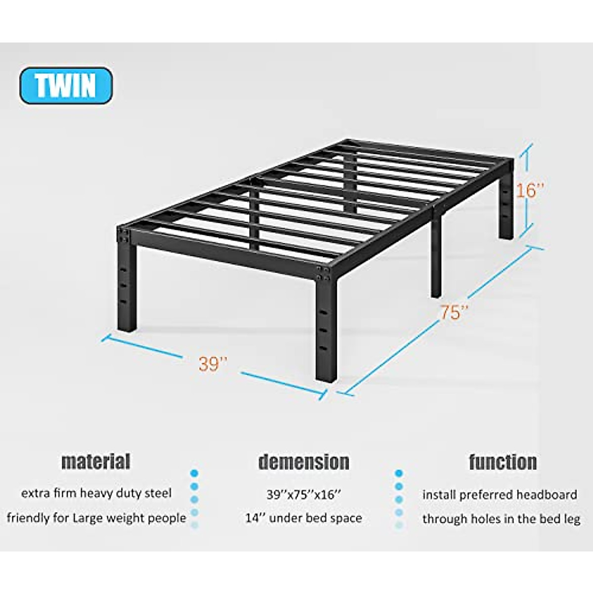 Sunnydaze Twin Bed Frames 16 Inch High Heavy Duty Steel Slats Without Headboard,No Box Spring Needed,Storage Underneath,Noise Free,Easy Assembly,Black