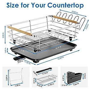 G-TING Dish Drying Rack, 2 Tier Detachable Dish Rack and Drainboard Set, Rust-Proof Drying Rack for Kitchen Counter, Large Capacity Dish Drainer with Utensils Holder and Cup Rack, Silver