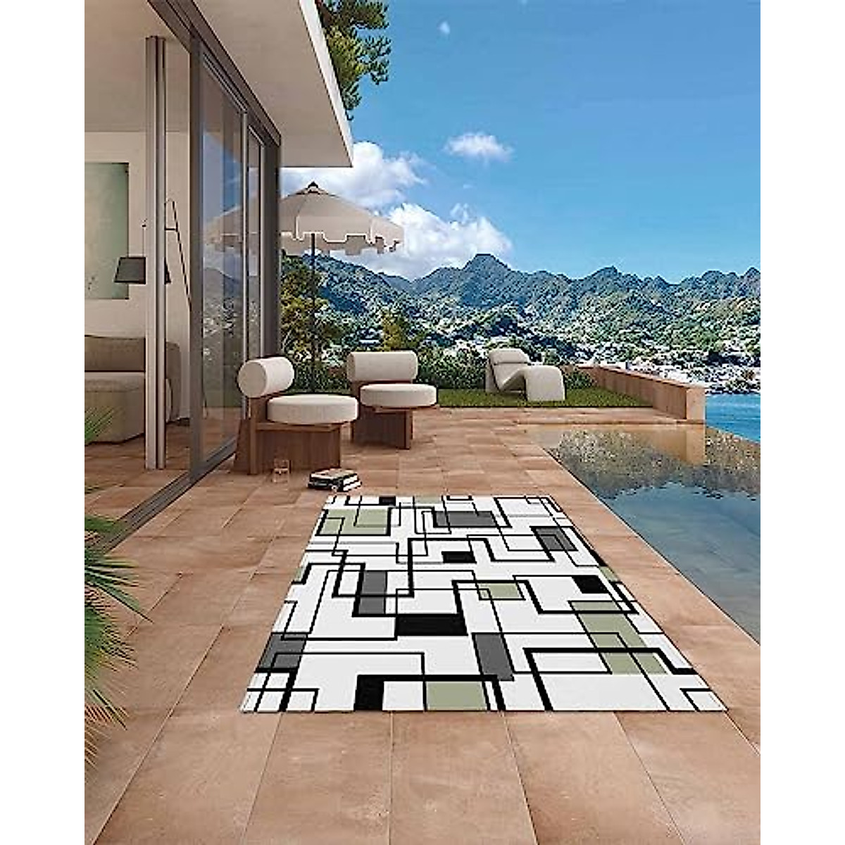 Sage Green Geometric Outdoor Rug for Patio/Deck/Porch, Non-Slip Large Area Rug 5 x 8 Ft, Black Gray Modern Abstract Art Indoor Outdoor Rugs Washable Area Rugs, Reversible Camping Rug Carpet Runner
