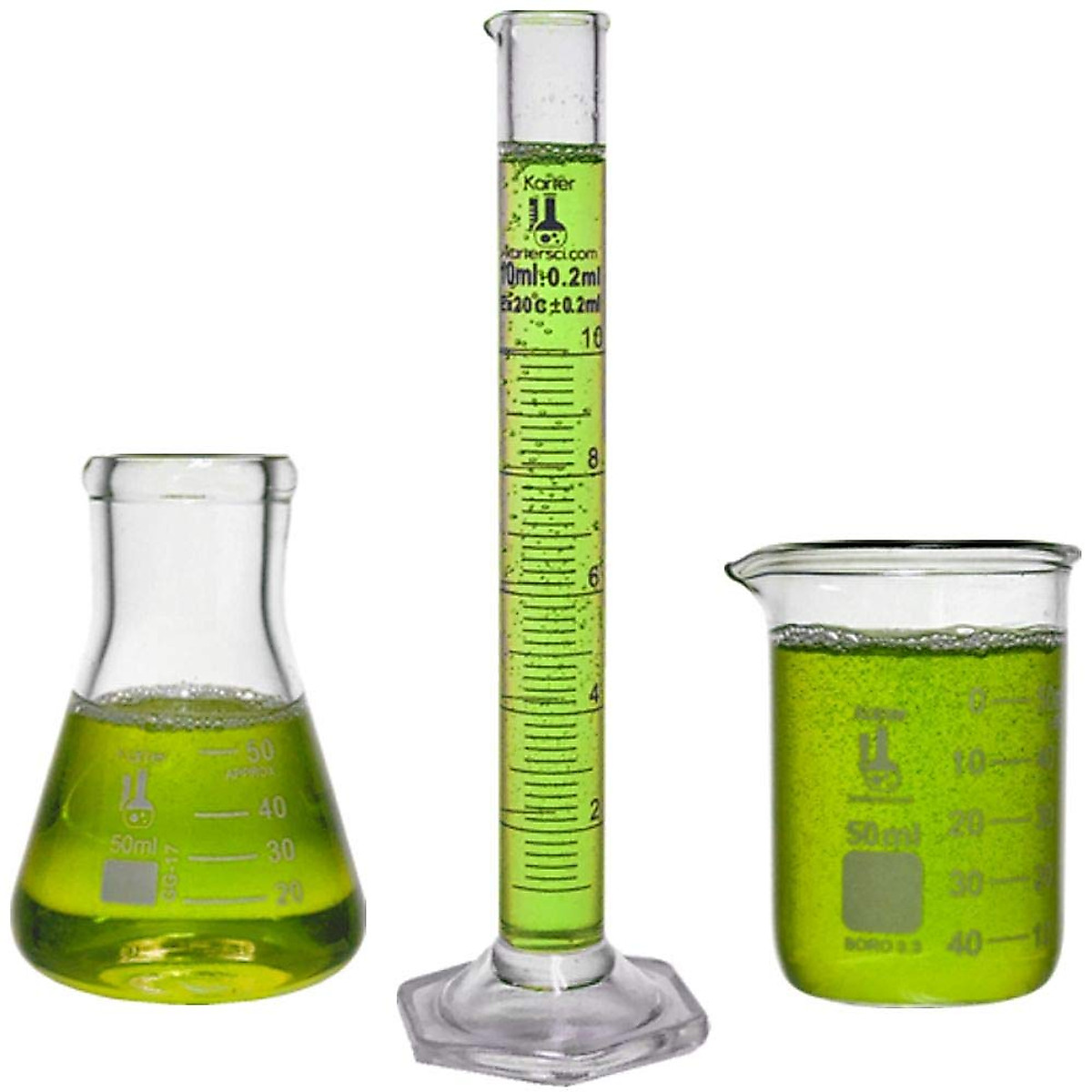 Beaker, Flask, Cylinder Set, 3.3 Boro. Glass - 3 Pieces - 50ml Beaker, 50ml Flask, and 10ml Cylinder, Karter Scientific 215M2