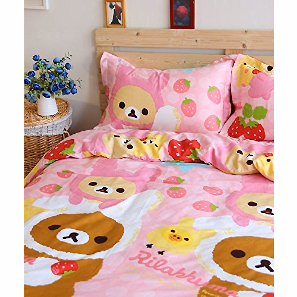 LELVA Rilakkuma Pattern Bedding Quilt/Comforter Cover Set Kids Bedding Duvet Cover Set for Girls Flat Sheet Pink Twin Size