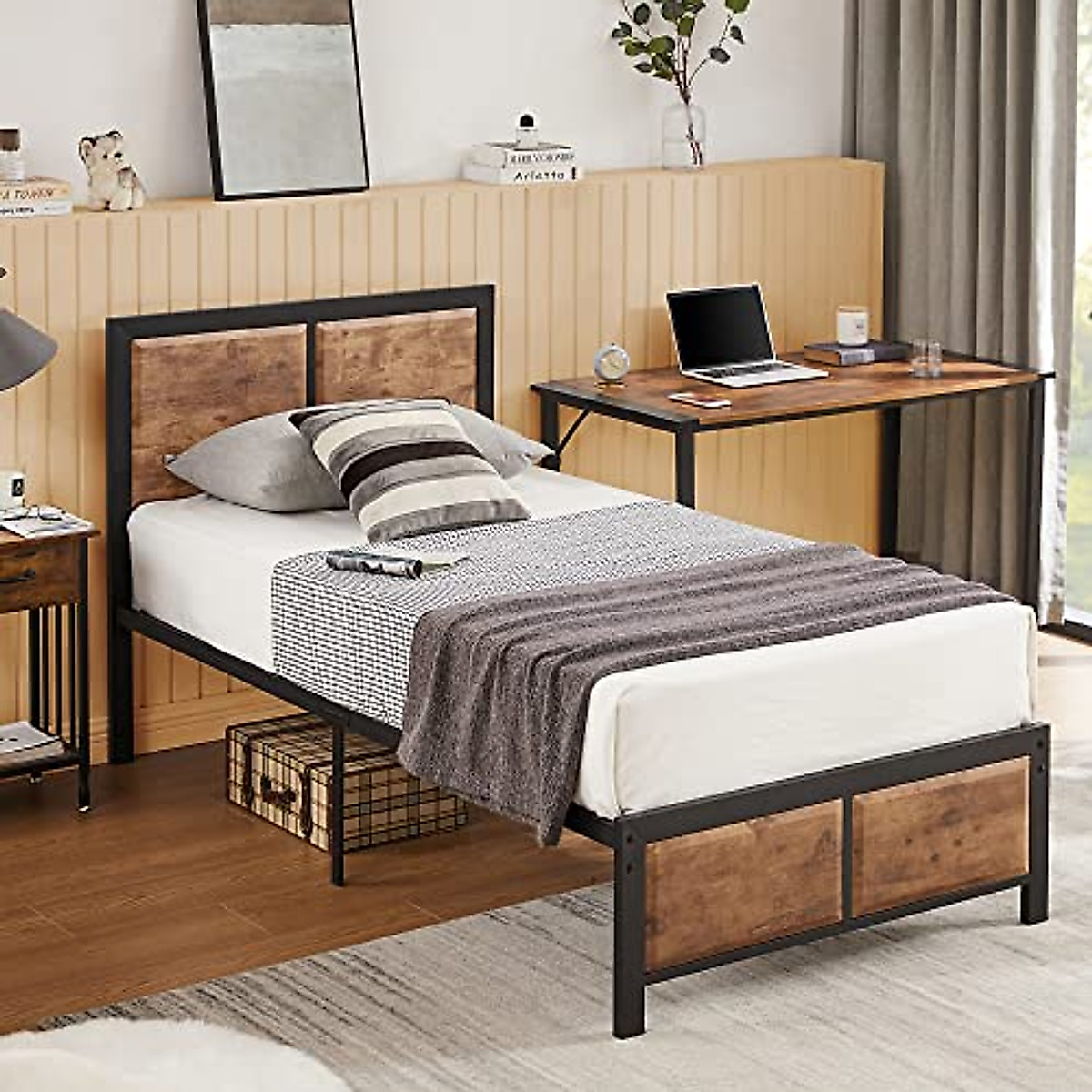 VECELO Twin Platform Bed Frame with Rustic Vintage Wood Headboard, Mattress Foundation, Strong Metal Slats Support, No Box Spring Needed