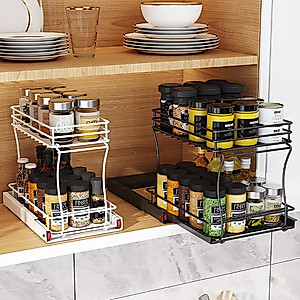 Pull Out Spice Rack Organizer for Cabinet,Under Sink Storage Organizer ,2 Tier Slide Out Storage Shelf for Kitchen Pantry Closet (L, Black)