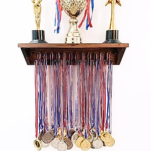 Athwana Premium Wooden Medal Display with Reinforced Shelf & Wooden Hooks I Easy Install I More Hooks & Extra Wide Shelf