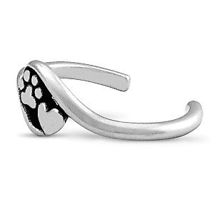 Dazzling Paws Jewelry Paw Print and Heart Toe Ring Sterling Silver Close To My Heart Adjustable Ring Gift for Pet Owners