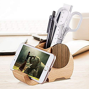 AhfuLife Wooden Elephant Cell Phone Holder/Stand with Pen&Pencil Holder/Pot, Desk Decoration Multi-functional Supplies Stationery Organizer, Birthday Graduation Gift (Elephant Pen Pot)