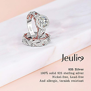 Jeulia 4 Carat Leaf Rings for Women 925 Sterling Silver 18 K Rose Gold Plated Round Cut Engagement Ring Set White Diamond Halo Cubic Zirconia Wedding band CZ Solitaire Anniversary Promise Rings (6.5)