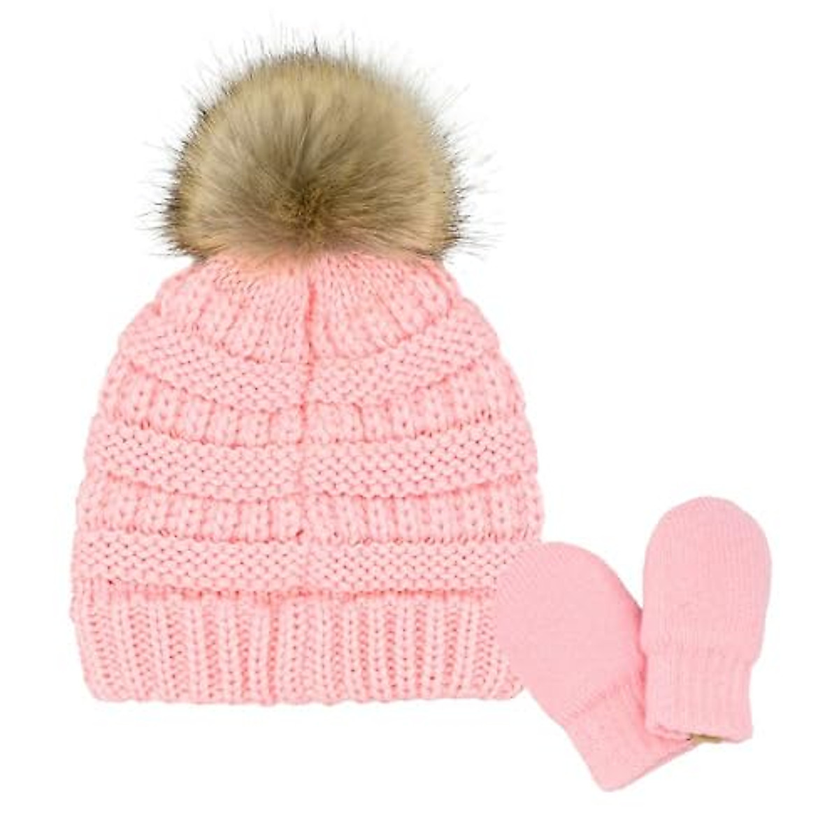C.C Babies' Winter Cable Knit Beanie and Fuzzy Lined Mitten Set, Faux Fur Pom Pale Pink