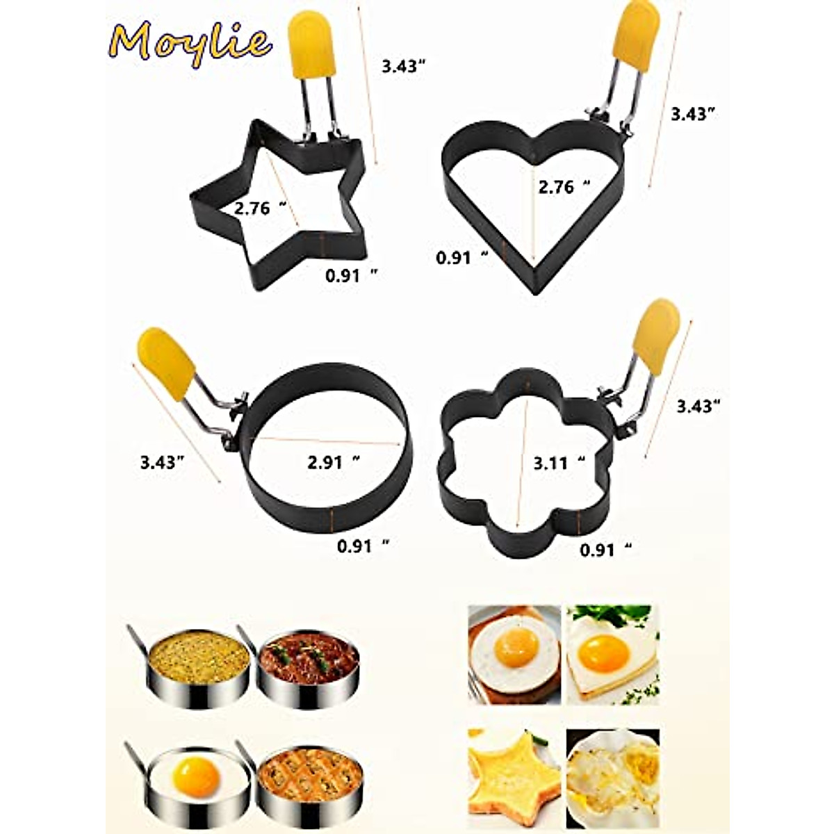 Egg Ring Upgraded Set of 4 with Oil Brush,Foldable silicone handle.Stainless Steel Egg Ring,Non Stick Round Omelette Model for Fried Egg McMuffin Sandwiches.(4 different shapes）
