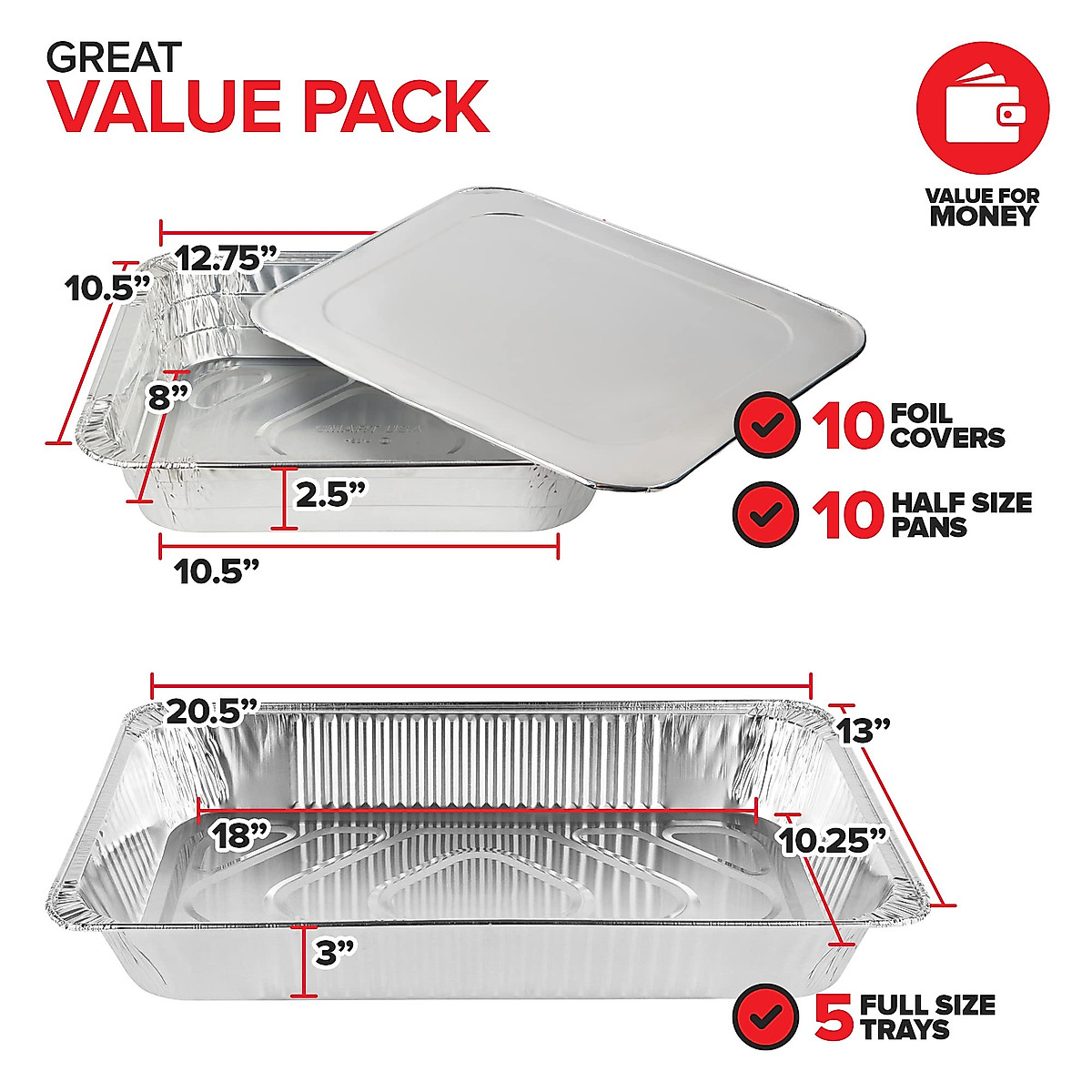 Chafing Dish Buffet Set with Cover Disposable - 21x13 (5 Pack) 9x13 & Lids (10 Pack) Aluminum Serving Trays, Catering Pans for Keeping Food Warm, Chaffing Dishes for Buffets and Parties, Warming Tray