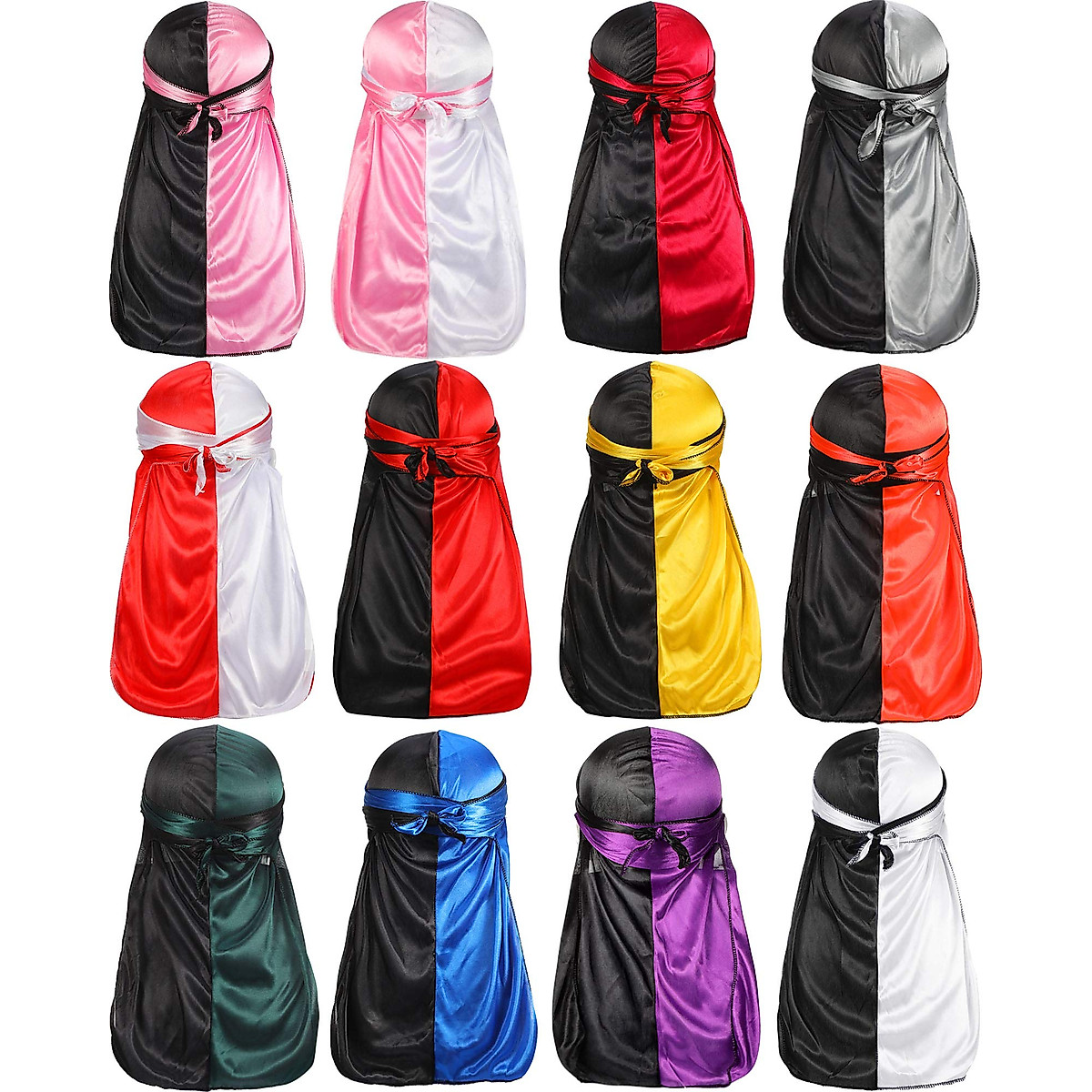 12 Pieces Silky Durag Pirate Cap Long Tail Headwraps for Men and Women Silky Durag Hip Hop Rapper Doo Rag Sleep Hat (Two-Tone Style)