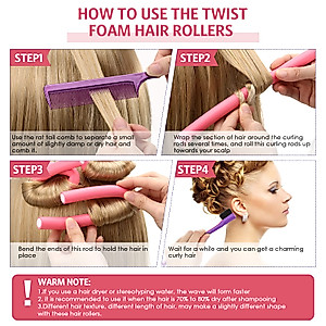 Tigeen 84 Pieces Flexible Curling Rods Twist Foam Hair Rollers Soft Foam Bendy Hair Rollers No Heat with Rat Tail Comb Edge Brush for Short Medium Long, 7 Sizes(Purple)