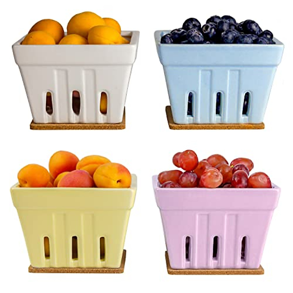 NEXVENTI Ceramic Berry Basket Bowl (Set of 4) | Strawberry Fruit Containers for Fridge | Square Fruit Bowl Farmers Market Harvest Basket | Berry Colander Glass Keeper Stoneware Kitchen Décor (Combi 2)