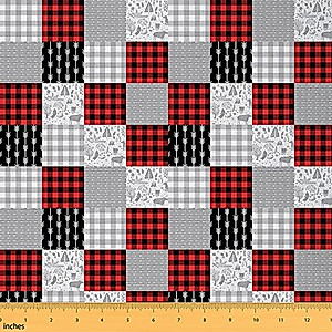 Buffalo Plaid Fabric by The Yard, Woodland Theme Upholstery Fabric, Deer Fox Rabbit Wildlife Farm Animal Zoo Decorative Fabric, Camping Geometric Arrow Stripes Fabric, Red Black Grey, 1 Yard