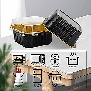 50 Pcs Mini Square Baking Cups with Lids,5oz Aluminum Foil Mini Cake Pans with Lids,Disposable Ramekins Cake Pans,150ml Dessert Cups Cupcake Pans for Wedding Birthday Party,Black Gold