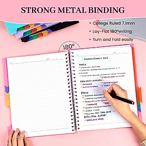 CAGIE 5 Subject Notebook College Ruled with Removable Tabs, 8.5'' x 11'' Lined Spiral Journals Notebook for Women Men Writing, Notebooks for Work Note Taking School Supplies, Pink