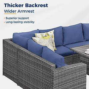 Wisteria Lane Outdoor Patio Furniture Set, 7 Piece Outdoor Dining Sectional Sofa with Dining Table and Chair, All Weather Wicker Conversation Set with Ottoman,Blue