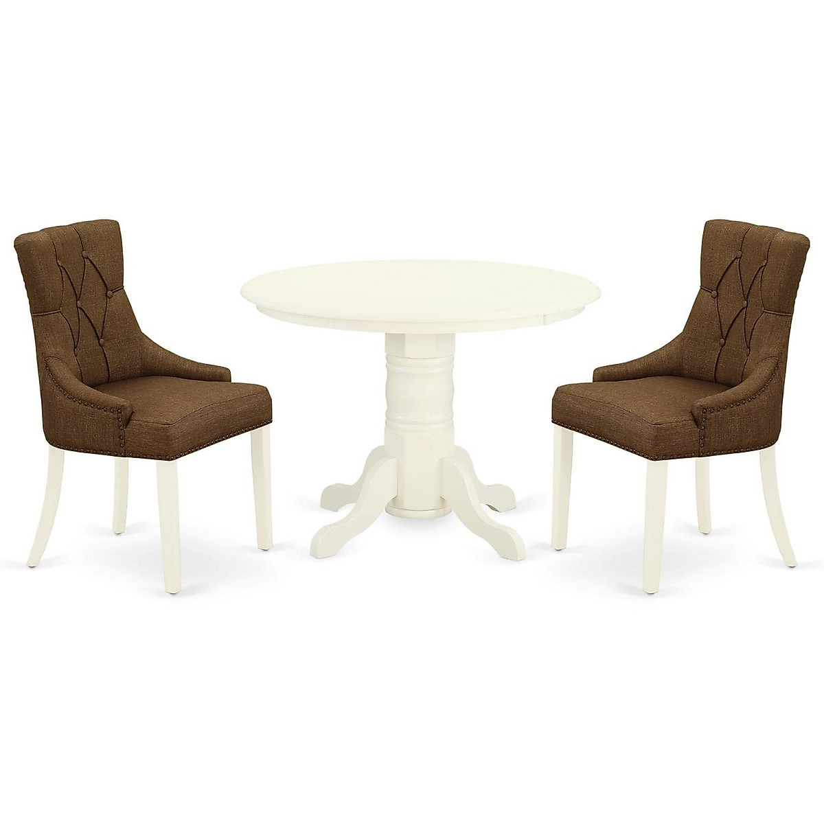 East West Furniture SHFR3-WHI-18 3 Piece Dining Table Set Contains a Round Dining Room Table with Pedestal and 2 Brown Linen Linen Fabric Parsons Dinette Chairs, 42x42 Inch, Linen White