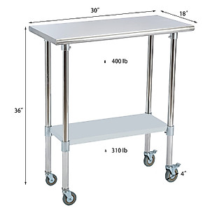 Stainless Steel Work Table w/Undershelf and Casters,30" x 18" inch Commercial Kitchen Work & Prep Table for for Restaurant, Home and Hotel.