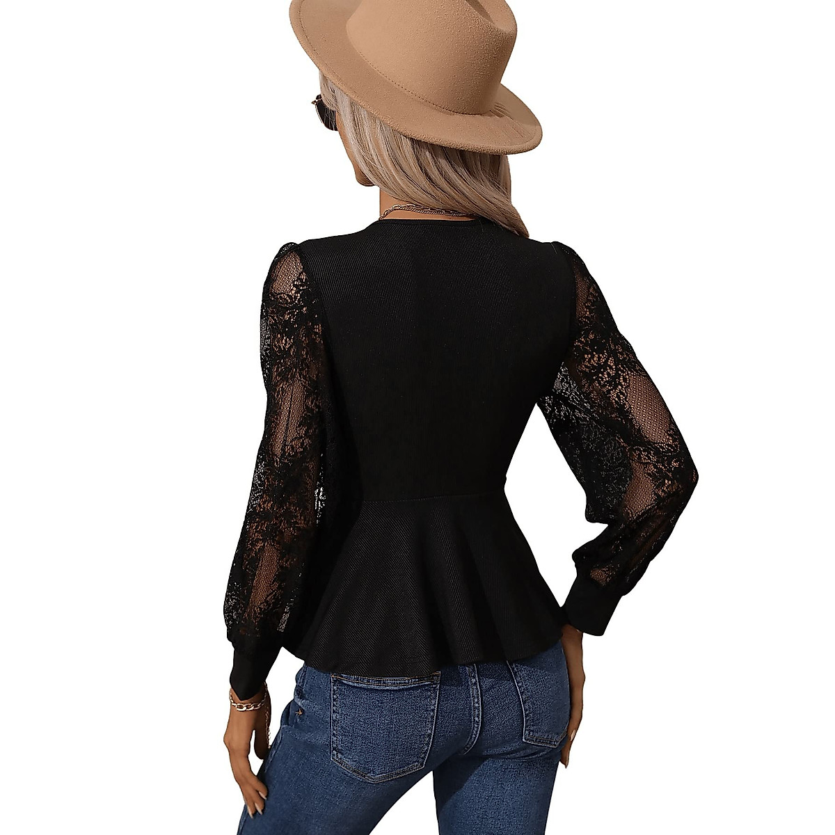 SweatyRocks Women's Floral Lace Long Sleeve V Neck Wrap Top Flare Hem Peplum Blouse Black S