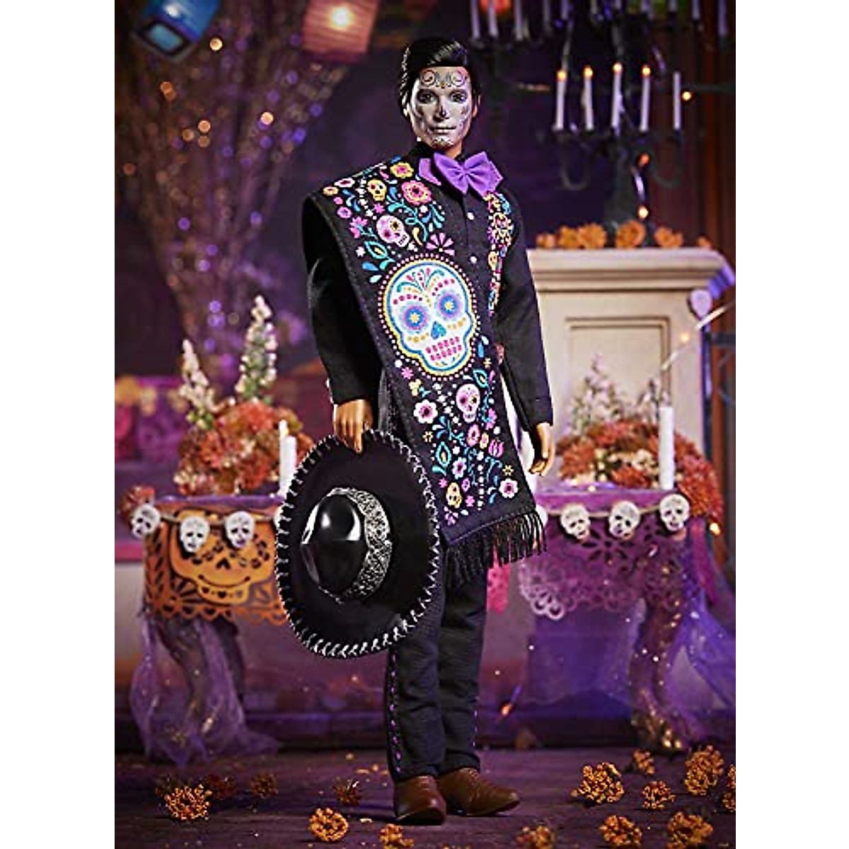 Barbie 2021 Dia De Muertos Ken Doll (12-in) Wearing Embroidered Shirt, Serape & Sombrero, with Calavera Face Paint, Gift for Collectors