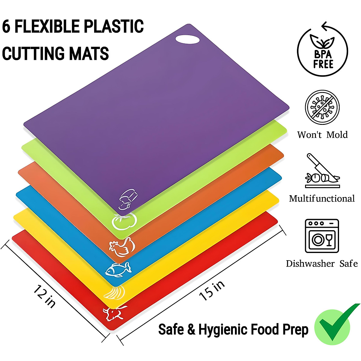 Hampton Homeware Large Bamboo Wood Cutting Board Set with 6 Color-Coded Flexible Cutting Mats with Food Icons to Prevent Cross-Contamination - Ultimate Culinary Chopping Board Set