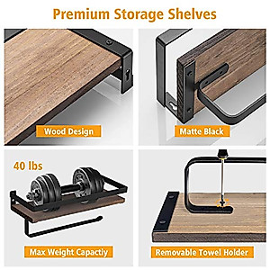 BESy Floating Shelves Wall Mounted Storage Shelves with Towel Rack Rails Bar, Paper Towel Holder with Shelf for Kitchen, Bathroom Tissue Roll Hanger, Matte Black Metal Frame, Set of 2 Brown