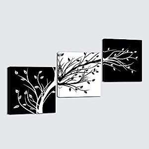 Wieco Art Leaves Modern 3 Panels Flowers Artwork Giclee Canvas Prints Black and White Abstract Floral Trees Pictures Paintings on Canvas Wall Art for Living Room Bedroom Home Decorations