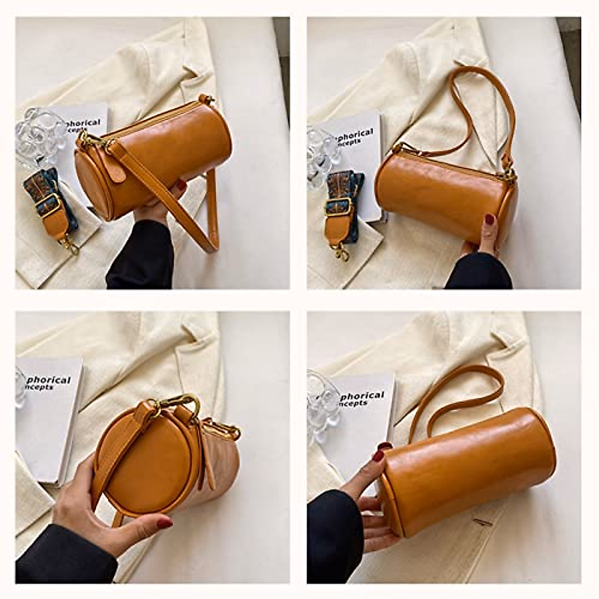 DIVCIDLC Women Cylindrical Bag, Wide shoulder strap Crossbody Shoulder Bag Purse with 2 Straps, Small Satchel Pouch Round Bag, Black