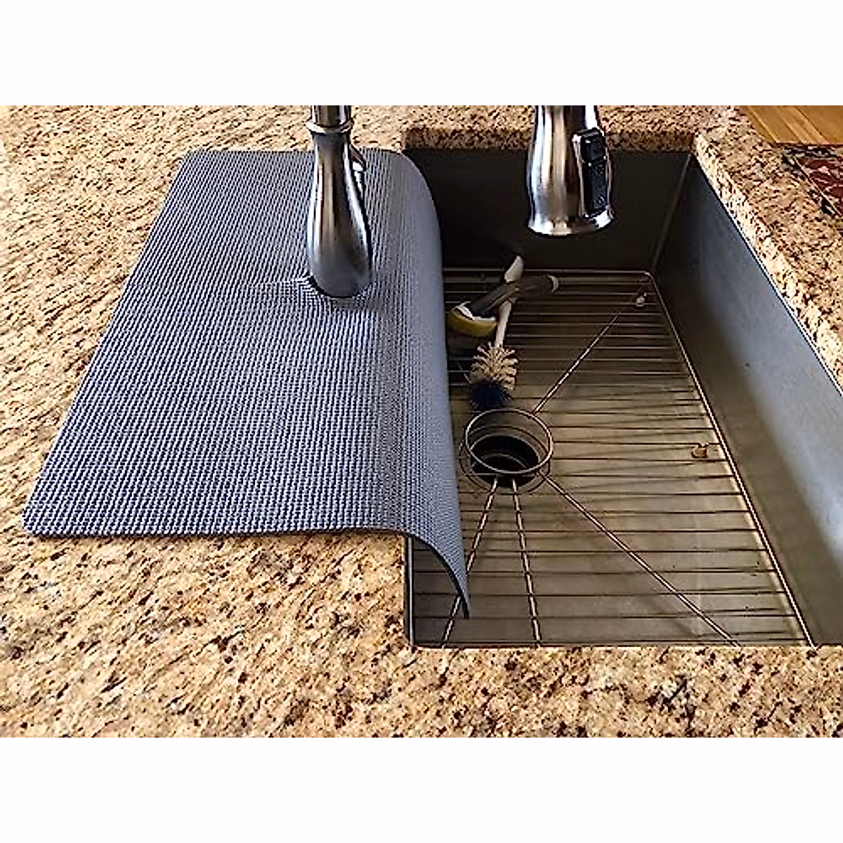 Gray, Kitchen sink faucet splash guard/guards faucet area from water damage, chipping and too much wiping, copyright 2017/TM/Patent Approved (17 in. width x 23 in. length)