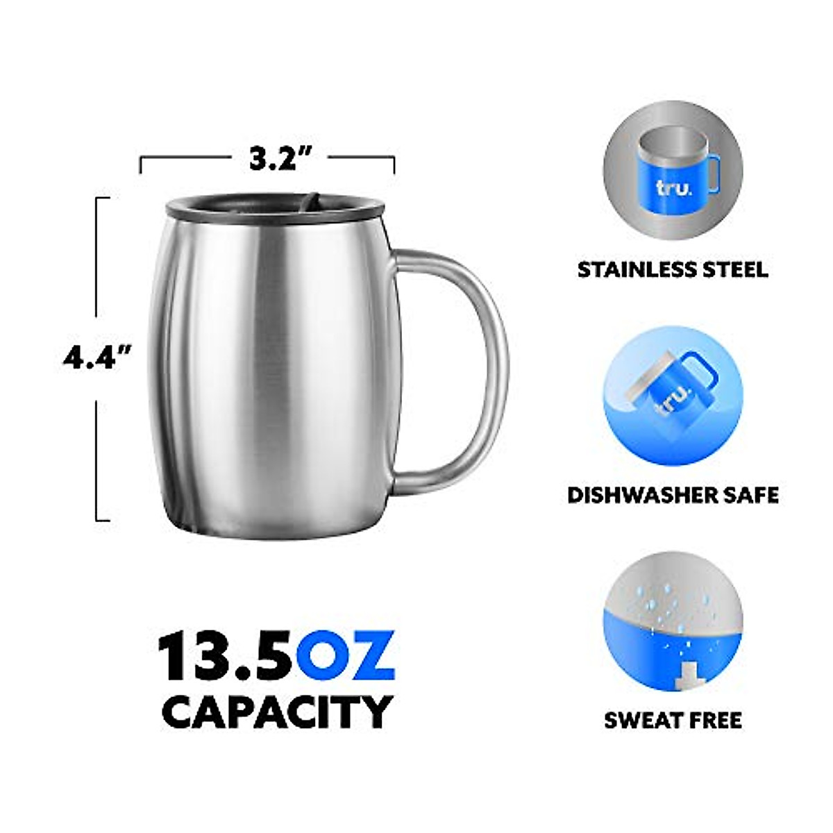 Stainless Steel Coffee Mug with Lid, Set of 2 - Premium Double Wall Insulated Travel Mugs - Shatterproof, BPA Free Spill Resistant Lids, Dishwasher Safe