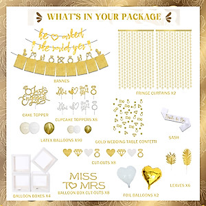 Hombae Engagement Party Decorations, Gold and White Bridal Shower Dimond Fringe Curtain Balloon Garland Leaves He Asked She Said Yes Banner Cake Cupcake Topper Box Cutout I Do Confetti Sash