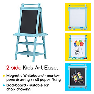 MEEDEN Art Easel for Kids: Double-Sided Solid Pine Wood Kids Easel with Paper Roll - All-in-One Kids Art Easel with Chalkboard & Magnetic Whiteboard - Walnut