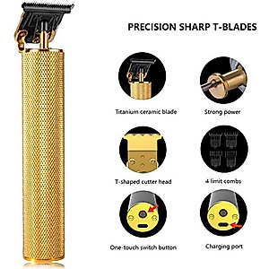 Electric Pro Hair Clippers T-Blade Beard Trimmer USB Rechargeable Cordless Outliner Hair Trimmers for Men Professional Grooming Kit With 4 Limit Comb Gold(0/1.5/3/6/9 mm)