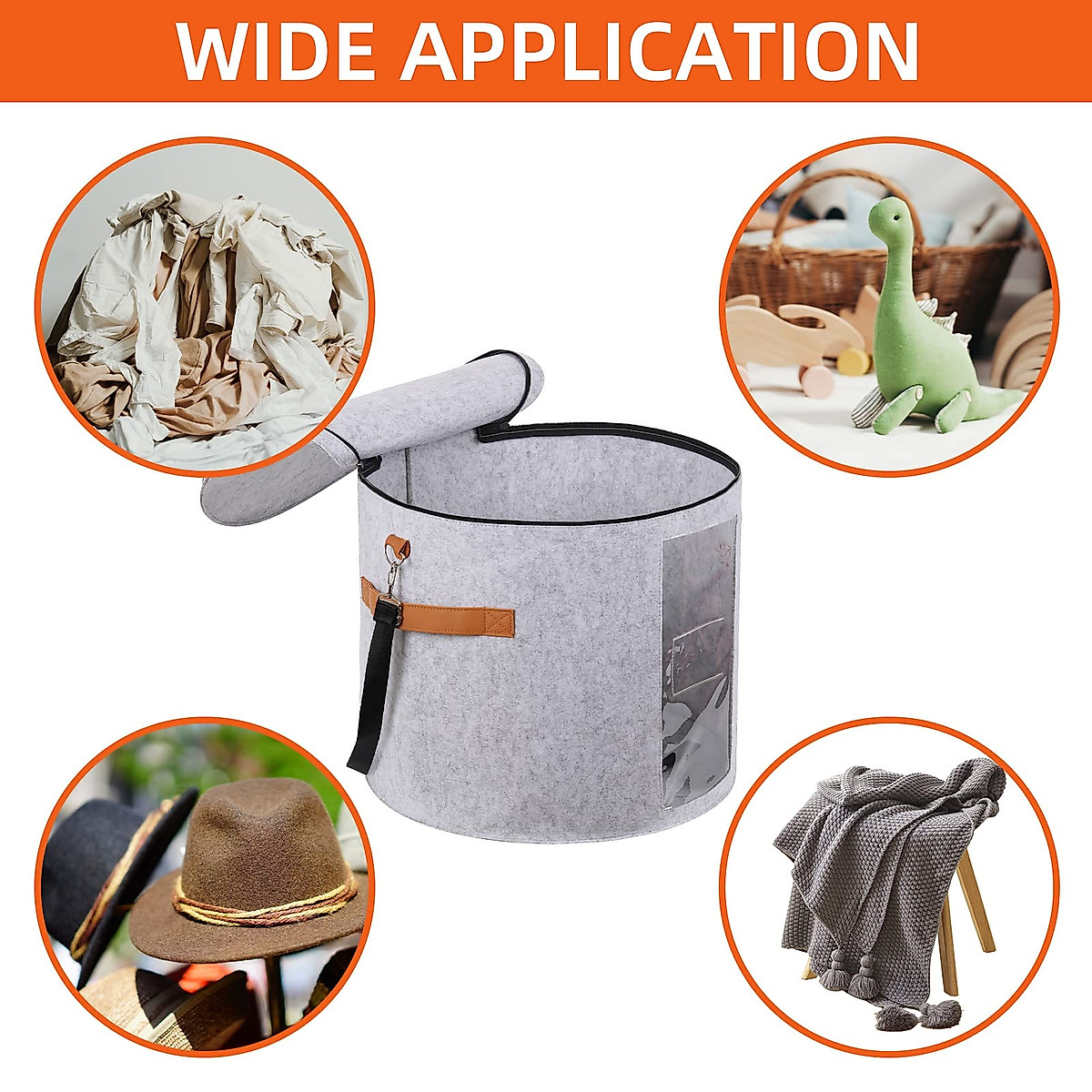 Ohiyoo Large Hat Boxes for Wide Brim, Large Hat Storage Box 19" D x 17" H, Hat Boxes for Women Storage Large Round Men Hat Box, Foldable Felt Stuffed Animal Toy Storage Bin with Lid (Light Gray)