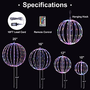 Lightshare 12IN 96LED Light Ball Yard Decoration Pathway Lights Sphere Light with Remote Control Fold Flat Metal Frame Indoor Outdoor Waterproof Garden Lights TJQ30W-RGB
