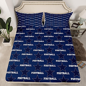 American Texas Star Cowboy Players Sheet Twin Size,Rugby Football Sports Games Bedding Set,Boys Man Room Decor,Rugby Competition Blue Fashion Bed Sheet Set 3pcs(Fitted + Flat + 1 Pillowcase)